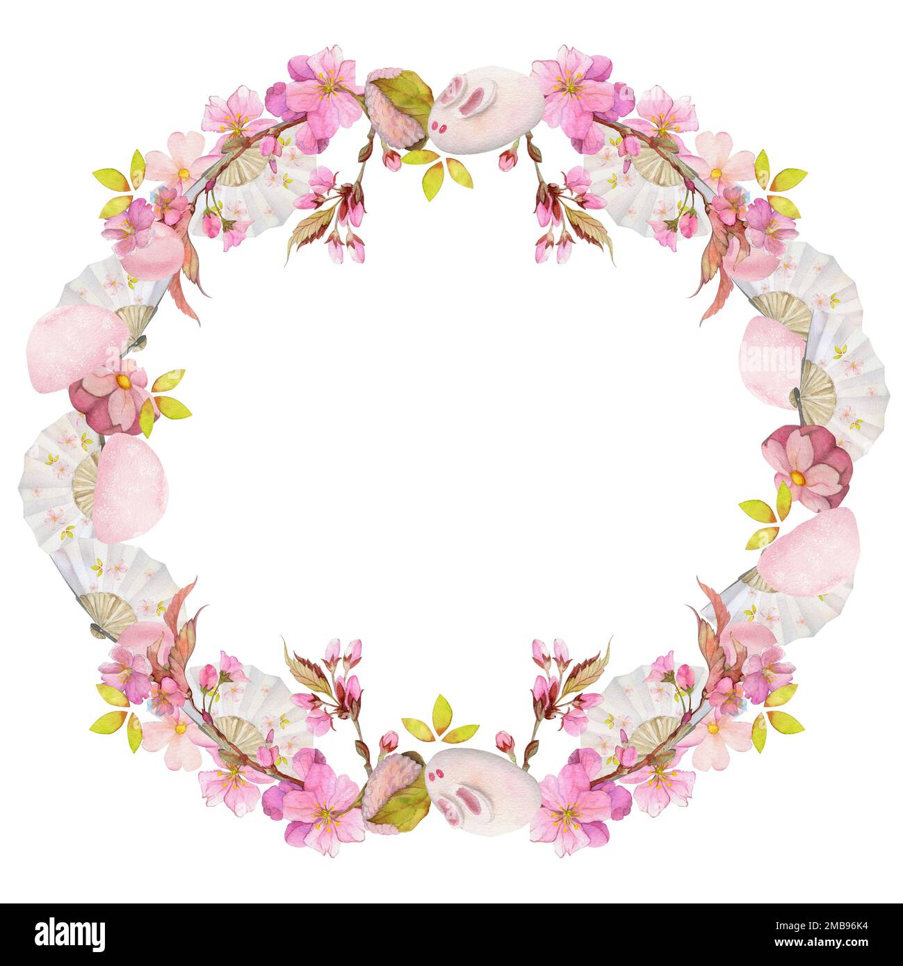 Watercolor hand drawn traditional Japanese sweets. Circle wreath of ...