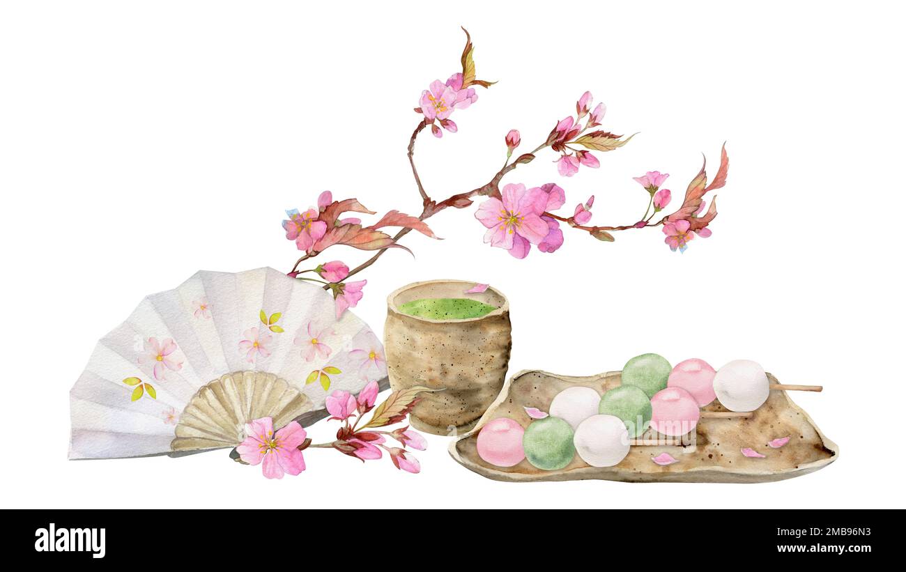 Watercolor hand drawn traditional Japanese sweets. Ceramic dish, spring ...
