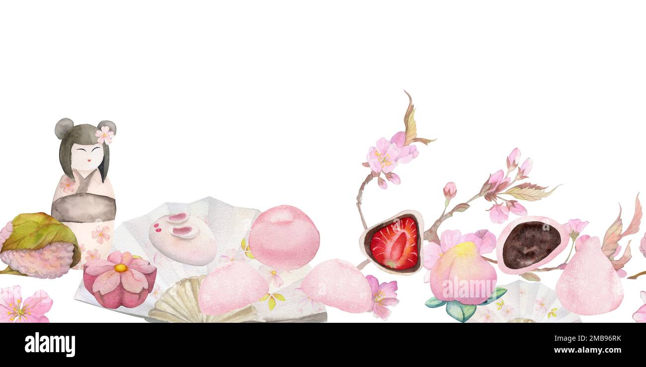 Watercolor hand drawn traditional Japanese sweets Wide seamless border ...