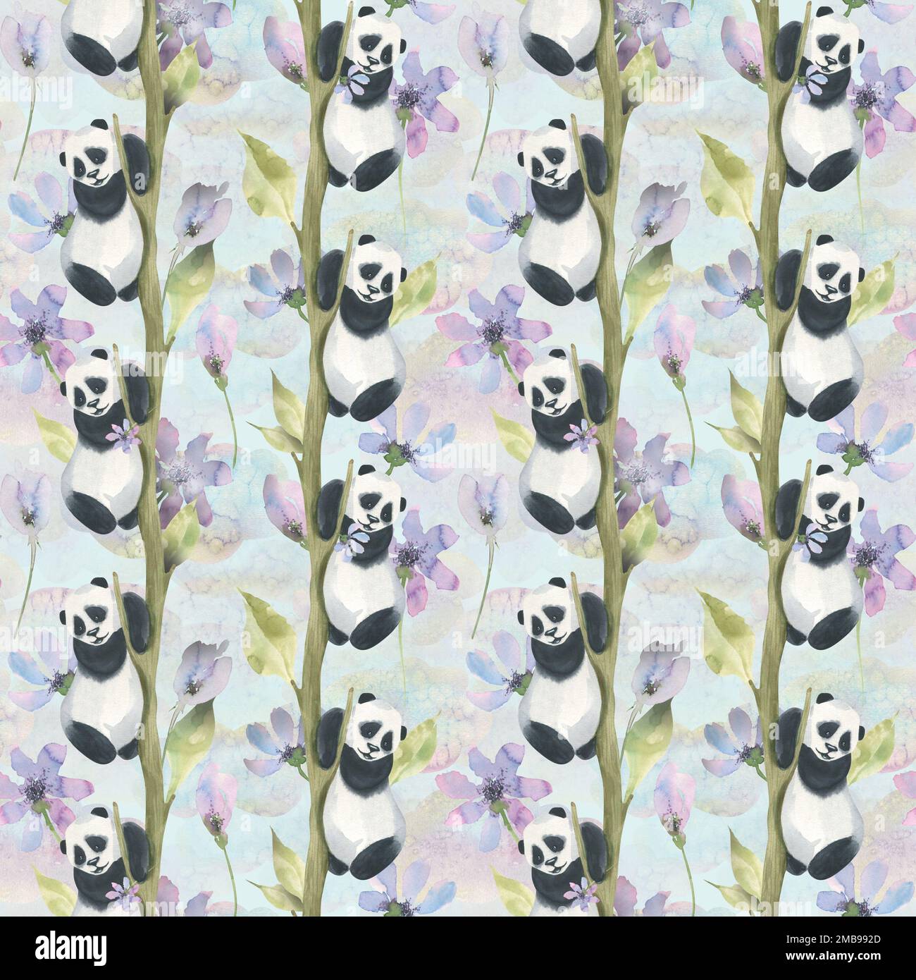 Cute pandas crawling on a tree with delicate lilac flowers. Watercolor ...