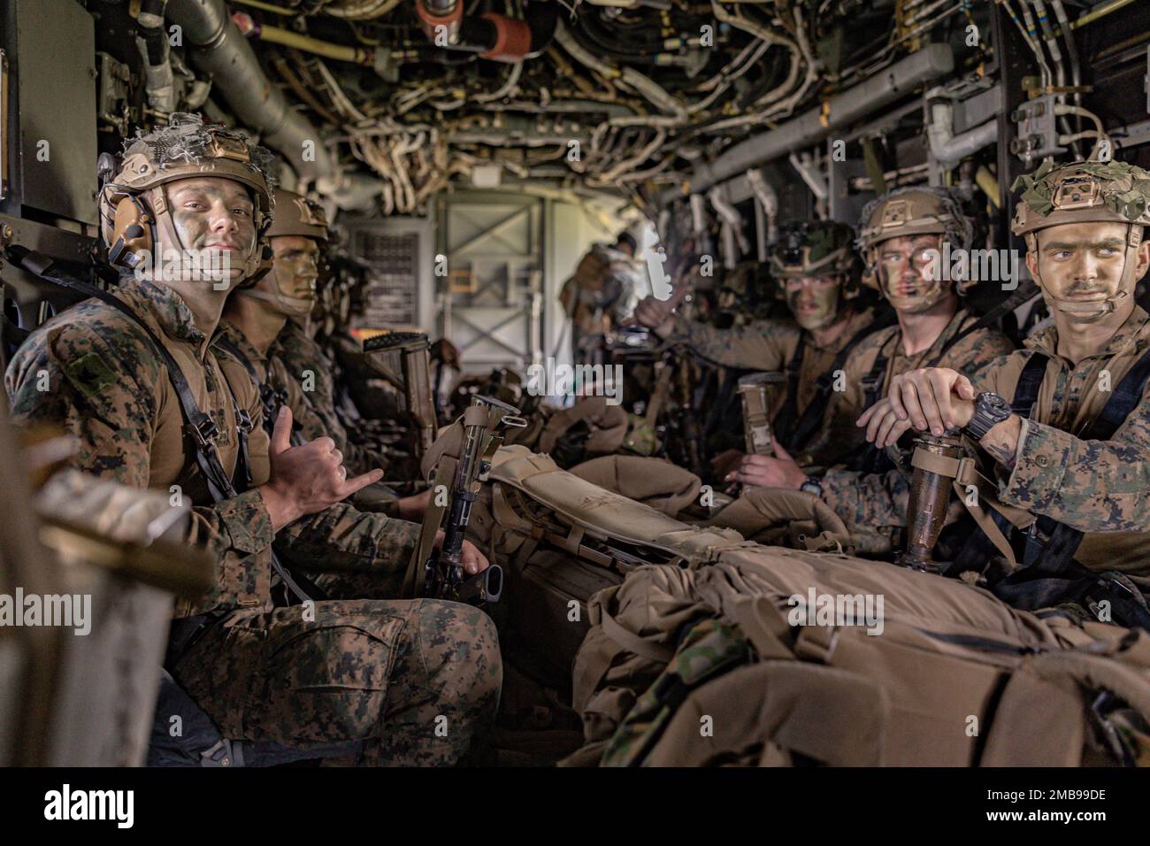 U.S. Marines with 3d Battalion, 2d Marines, disembark an MV-22B Osprey ...
