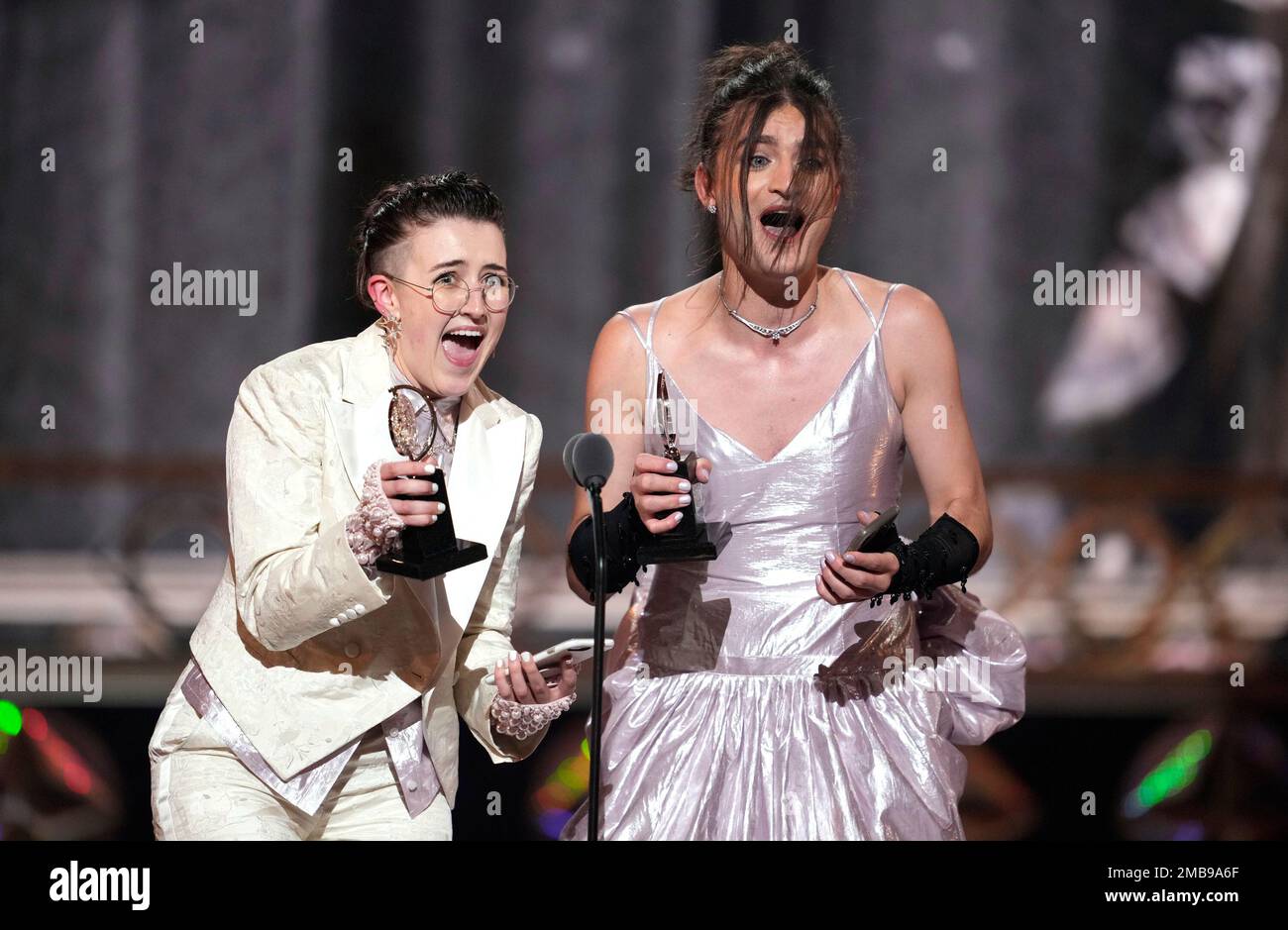 Lucy Moss, left, and Toby Marlow accept the award for best original ...