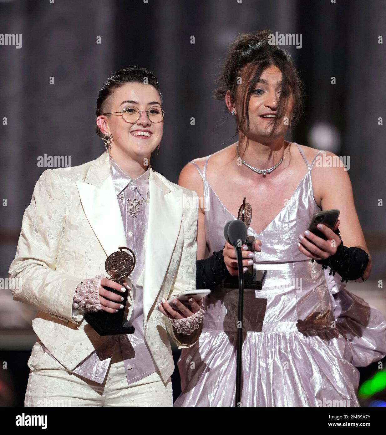 Lucy Moss, left, and Toby Marlow accept the award for best original ...