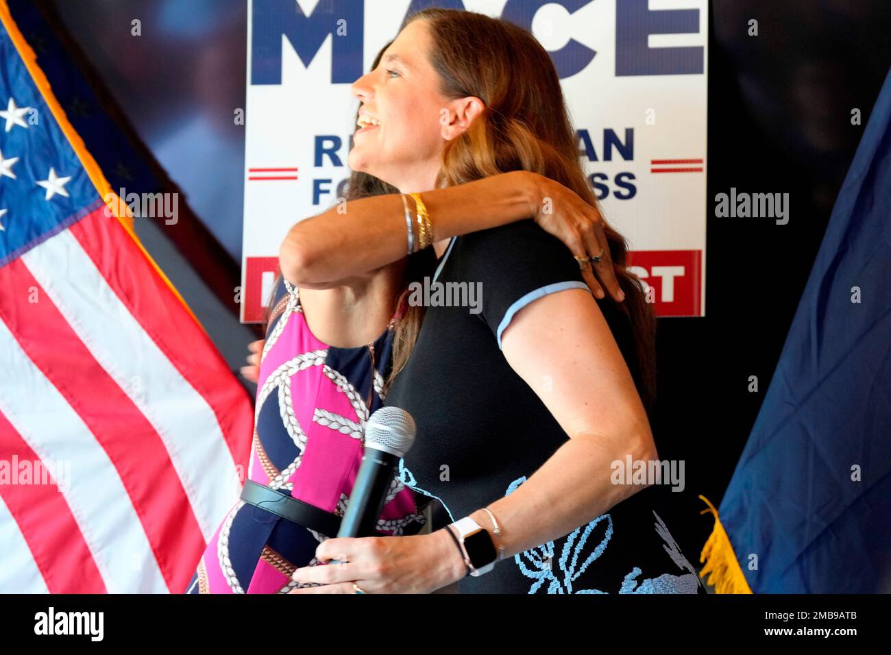 Former South Carolina Gov. Nikki Haley, left, hugs U.S. Rep. Nancy Mace ...