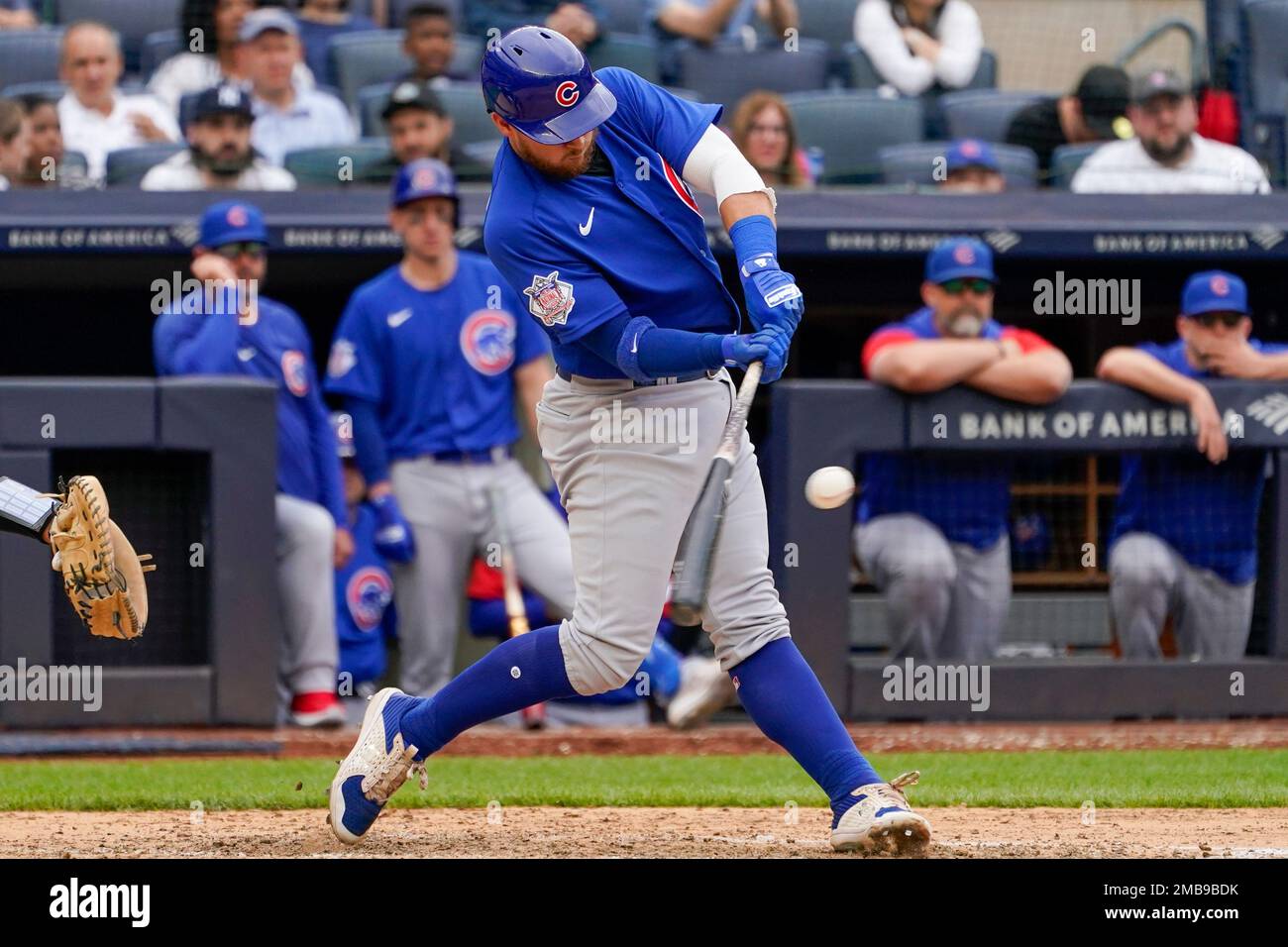 Chicago Cubs' P.J. Higgins hits a single in the fifth inning of a ...