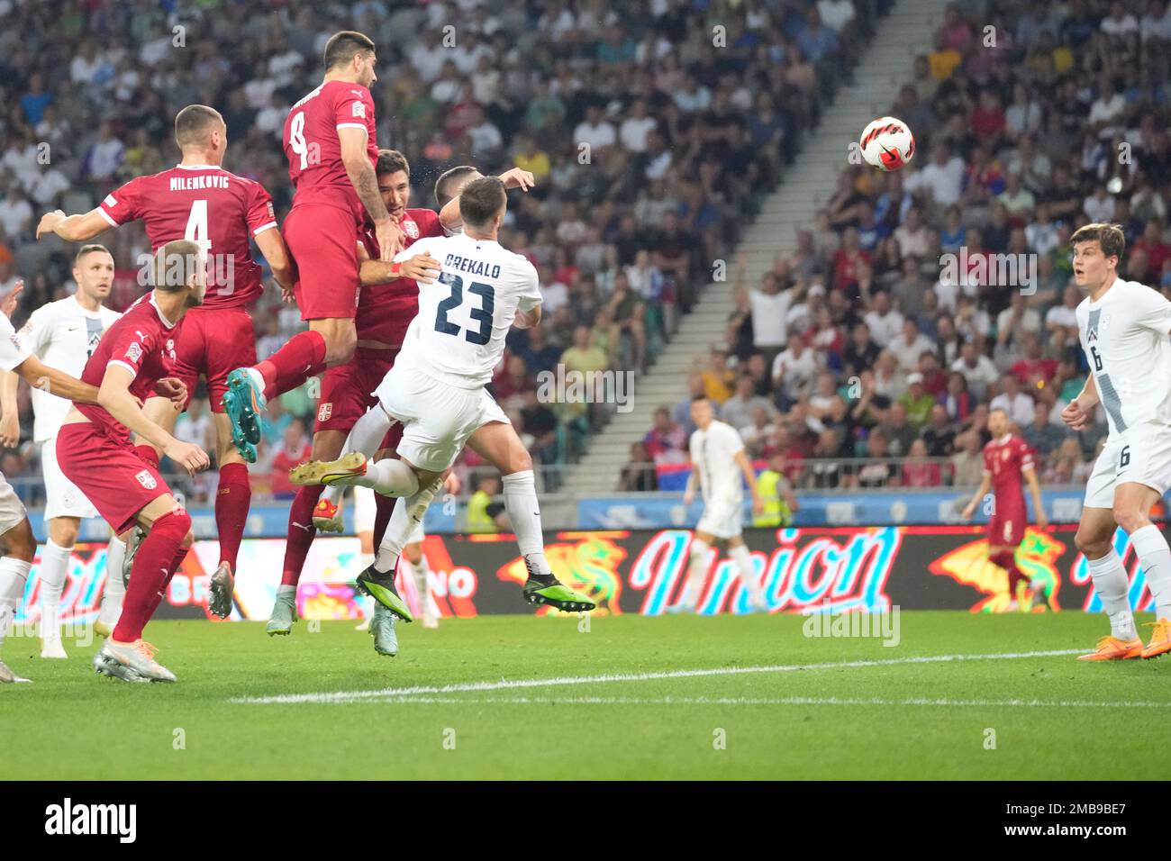 Serbia's Aleksandar Mitrovic (9) scores his side's second goal during ...