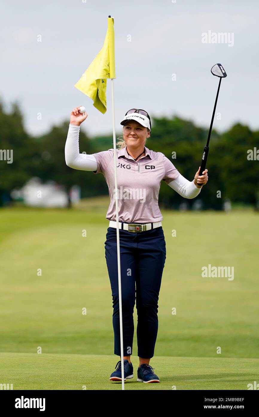 Brooke M. Henderson, of Canada, celebrates after winning the ShopRite ...