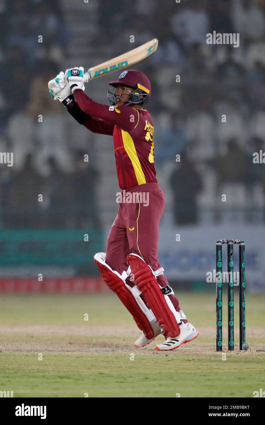 West Indies' Akeal Hosein bats during the third one day international ...