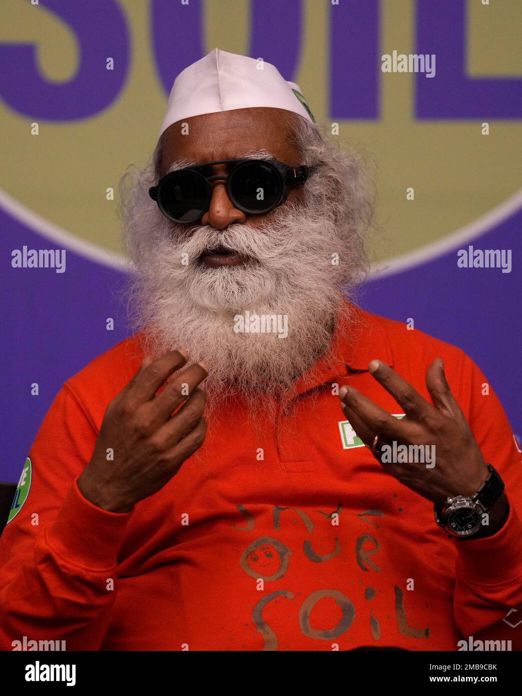 Founder of the Isha Foundation, India, Sadhguru Jaggi Vasudev gestures ...