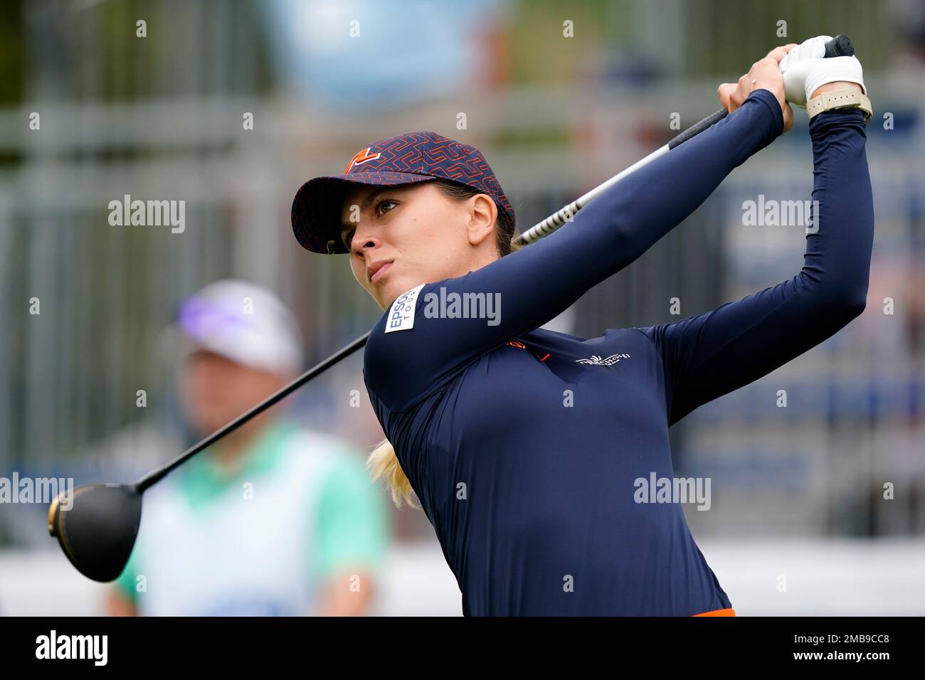 Morgane Metraux, of Switzerland, hits off the first tee during the final round of the ShopRite ...