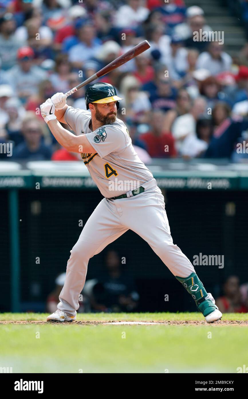 Oakland Athletics' Matt Davidson bats against the Cleveland Guardians ...