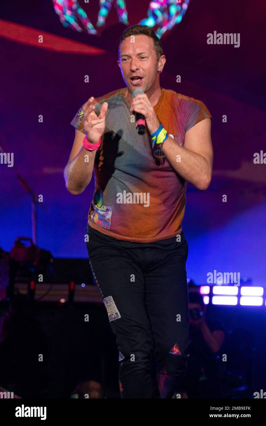 Chris Martin of Coldplay performs during the Music Of The Spheres World ...
