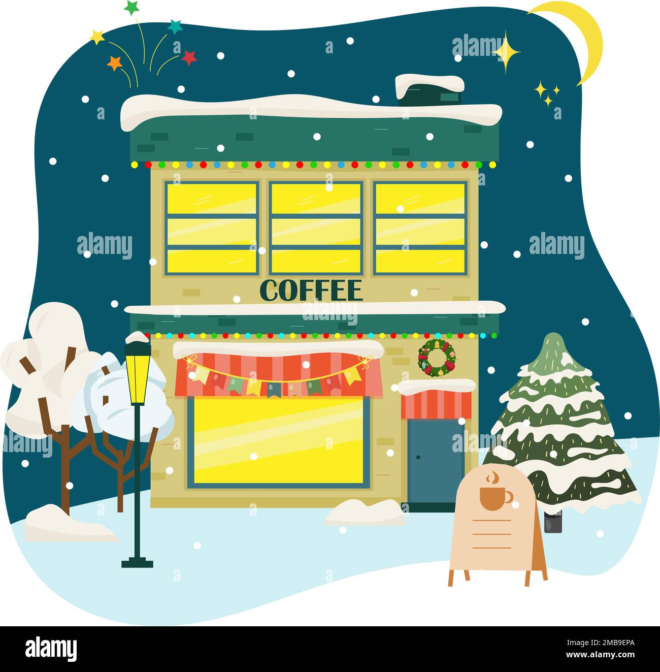 Christmas snowy house outside interior with winter landscape Stock ...