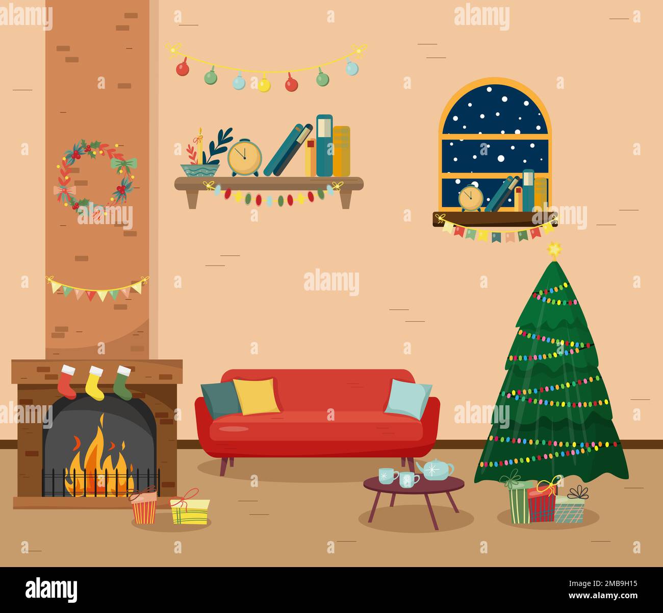 Christmas fireplace room interior in colorful cartoon flat style Stock ...