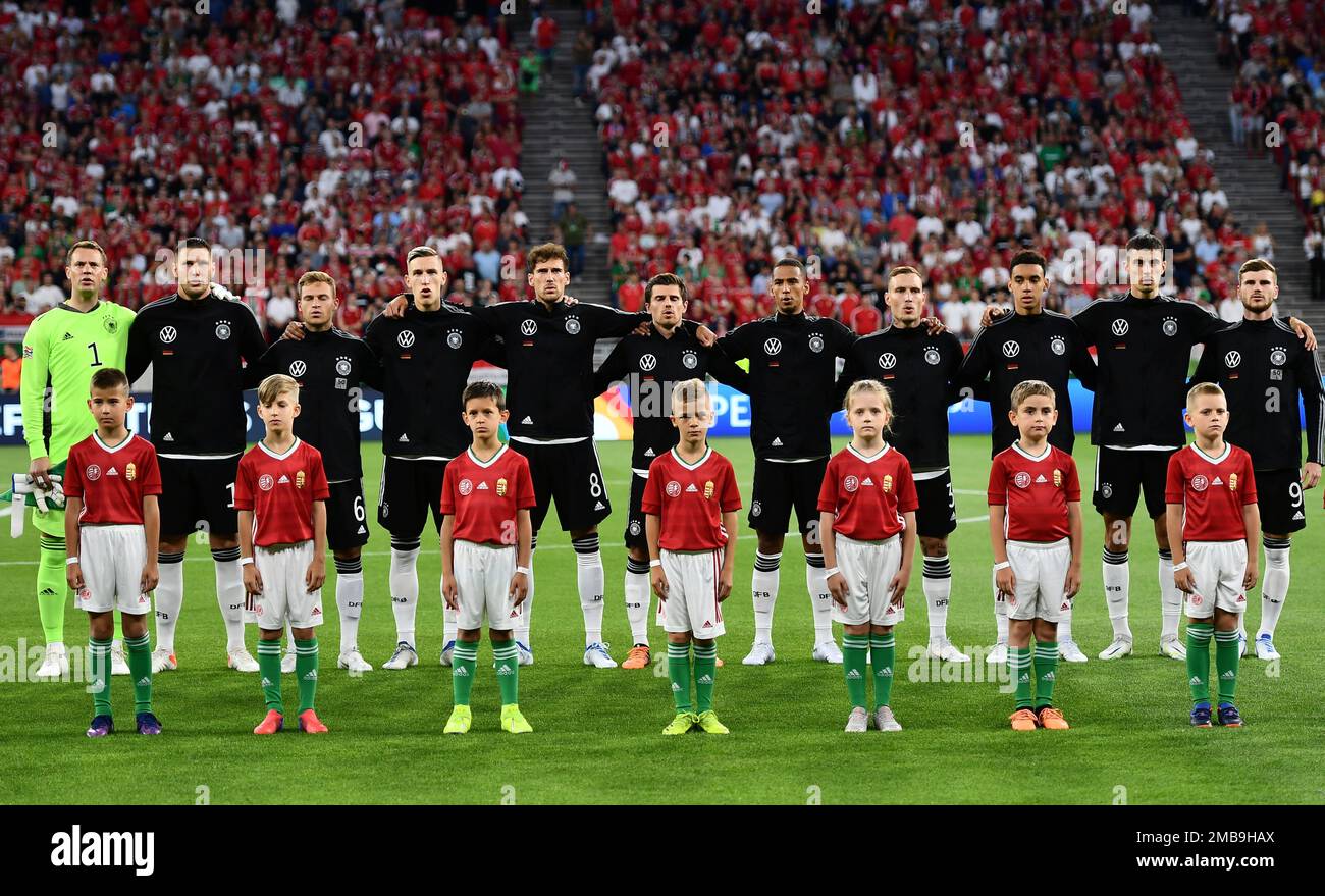 Germany players stand for their national anthem ahead of the UEFA ...