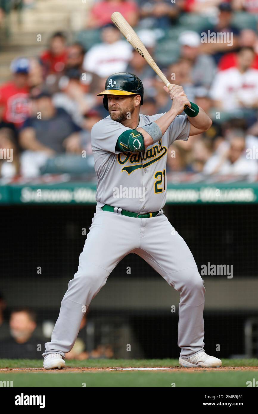 Oakland Athletics' Stephen Vogt bats against the Cleveland Guardians ...
