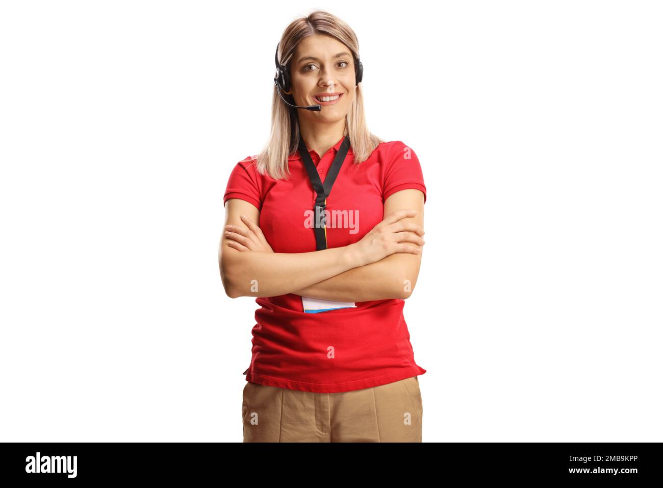 Female dispatcher in a red t-shirt wearing a headset with hands free ...