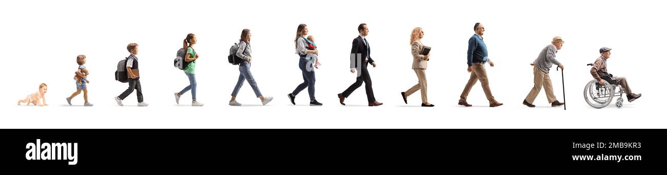 Full length profile shot of a group of people walking, from a baby ...