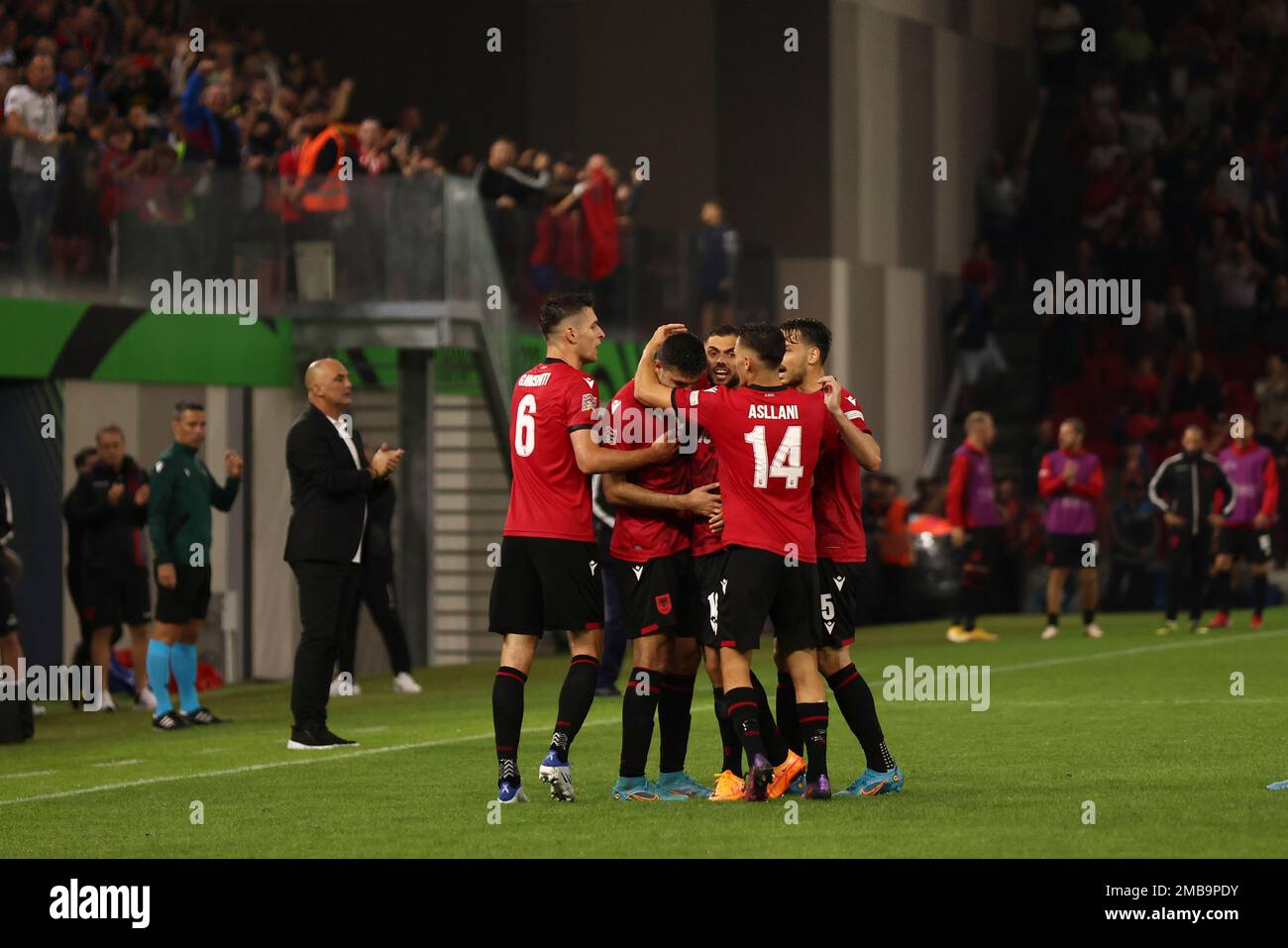 Albania's players celebrate their side opening goal against Israel ...
