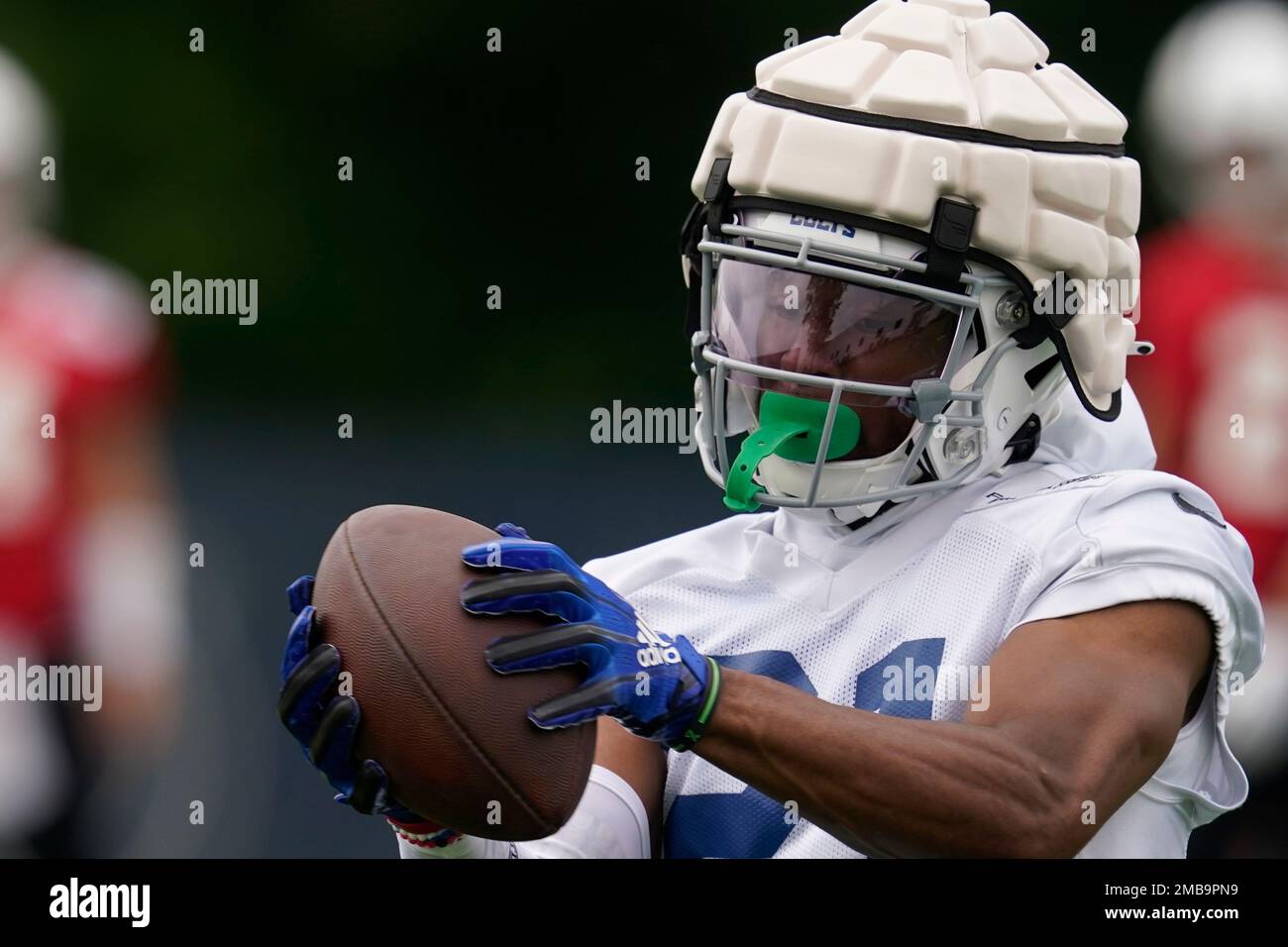 Indianapolis Colts' Nyheim Hines runs a drill during a practice at the ...
