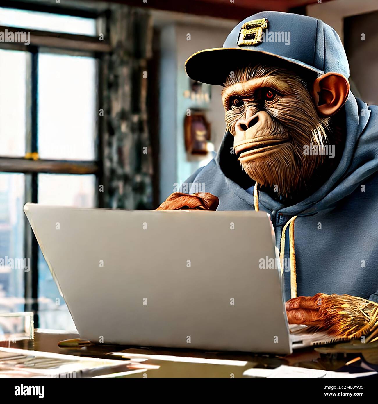 a graphic drawing of a monkey using a laptop Stock Photo - Alamy