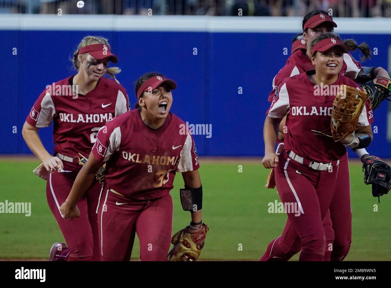 Oklahoma's Alyssa Brito (33) celebrates as she runs in from the ...
