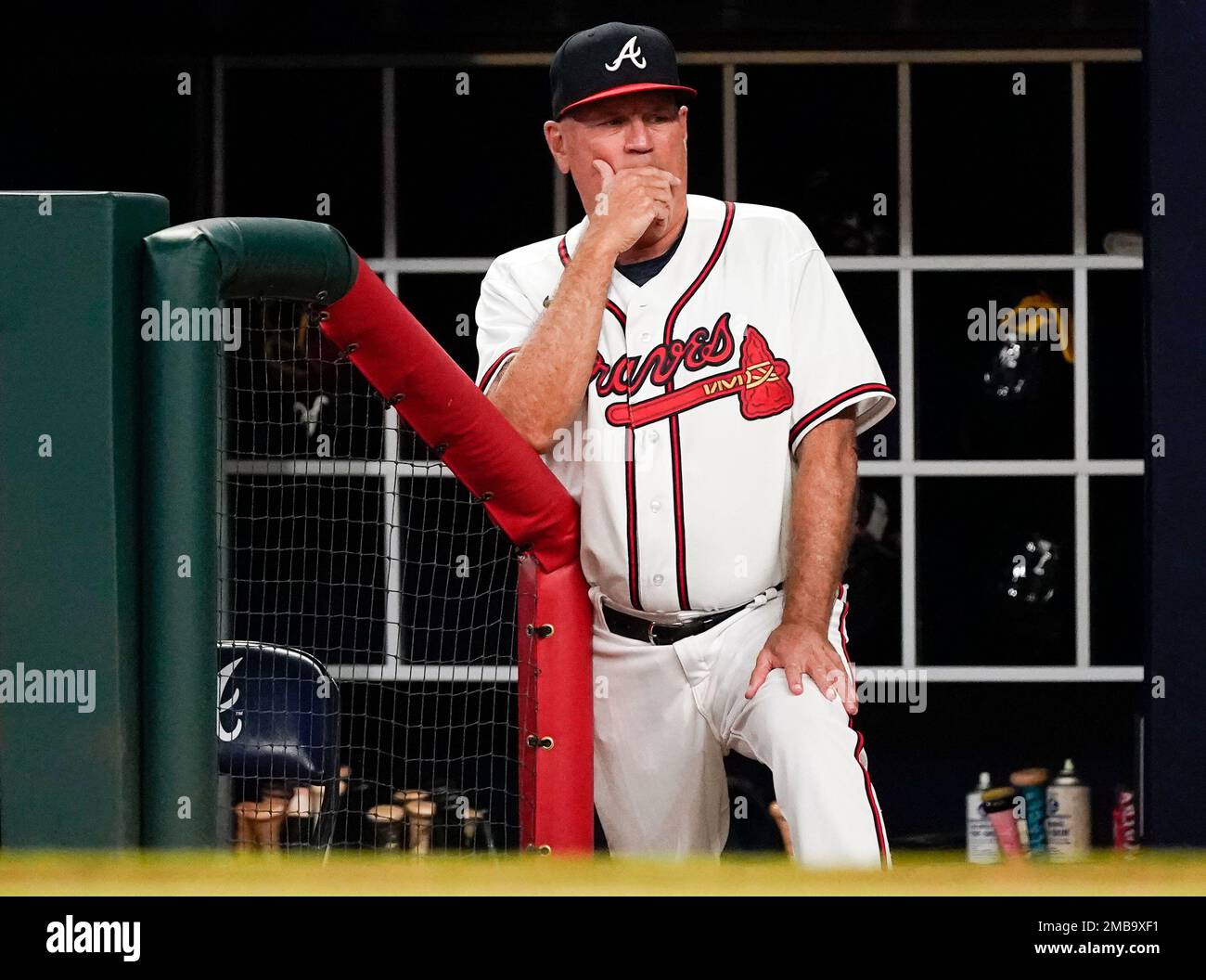 Atlanta Braves manager Brian Snitker (43) looks on from the dugout as ...