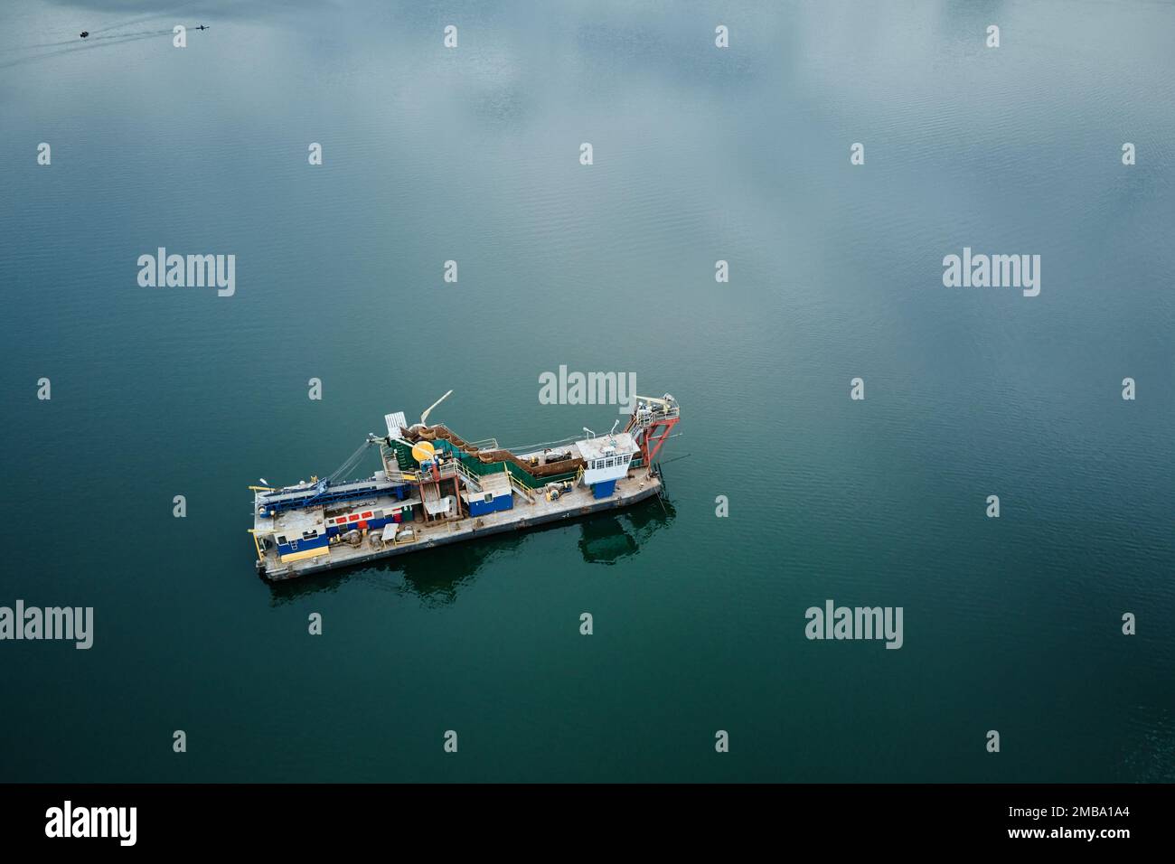 Aerial view of vessel for sand mining in the lake, Sand extraction ...