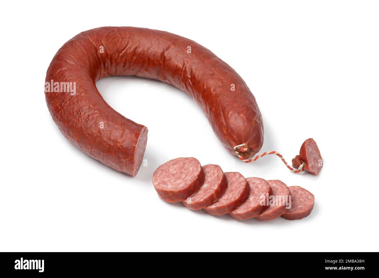 Single traditional Dutch horsemeat sausage and slices isolated on white ...