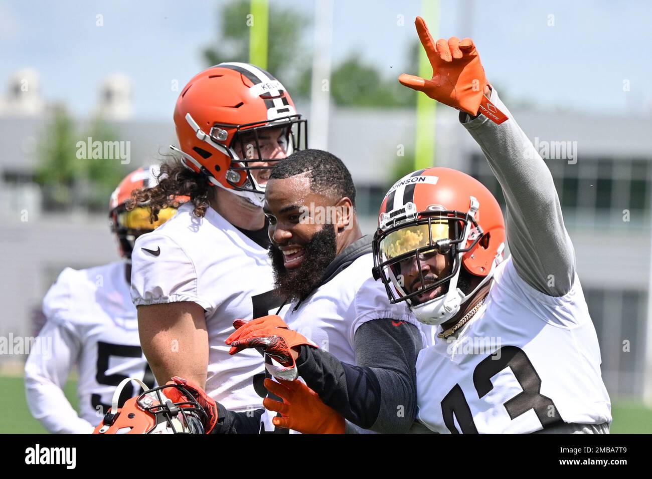 Cleveland Browns safety John Johnson III, right, celebrates his ...