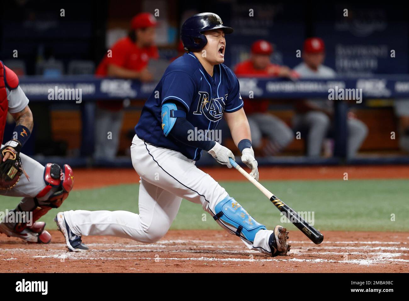 Tampa Bay Rays' Ji-Man Choi reacts while batting during the sixth ...