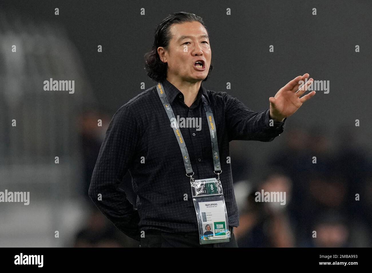 Malaysia's head coach Kim Pangon reacts during a qualifier match ...