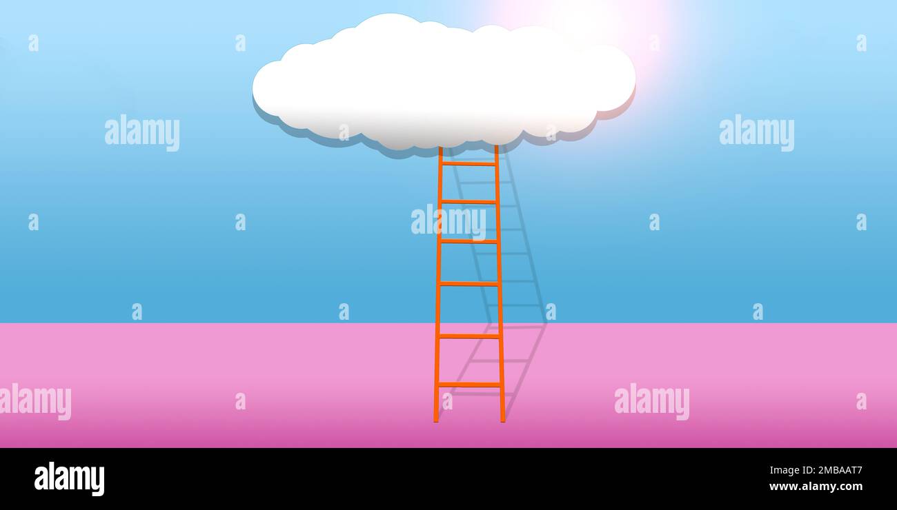 Concept of goal achievement with ladder leading to cloud on blue ...