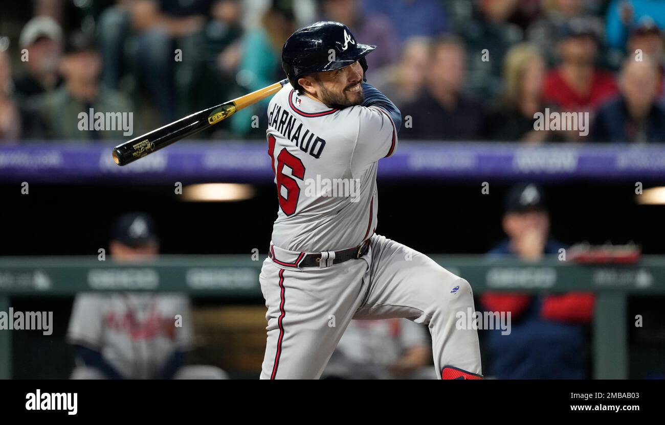 Atlanta Braves catcher Travis d'Arnaud (16) in the seventh inning of a ...