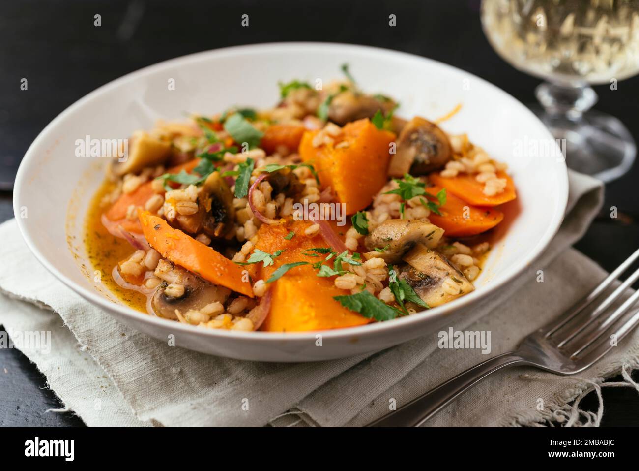 Winter squash with mushrooms, carrots barley cooked in white wine Stock ...