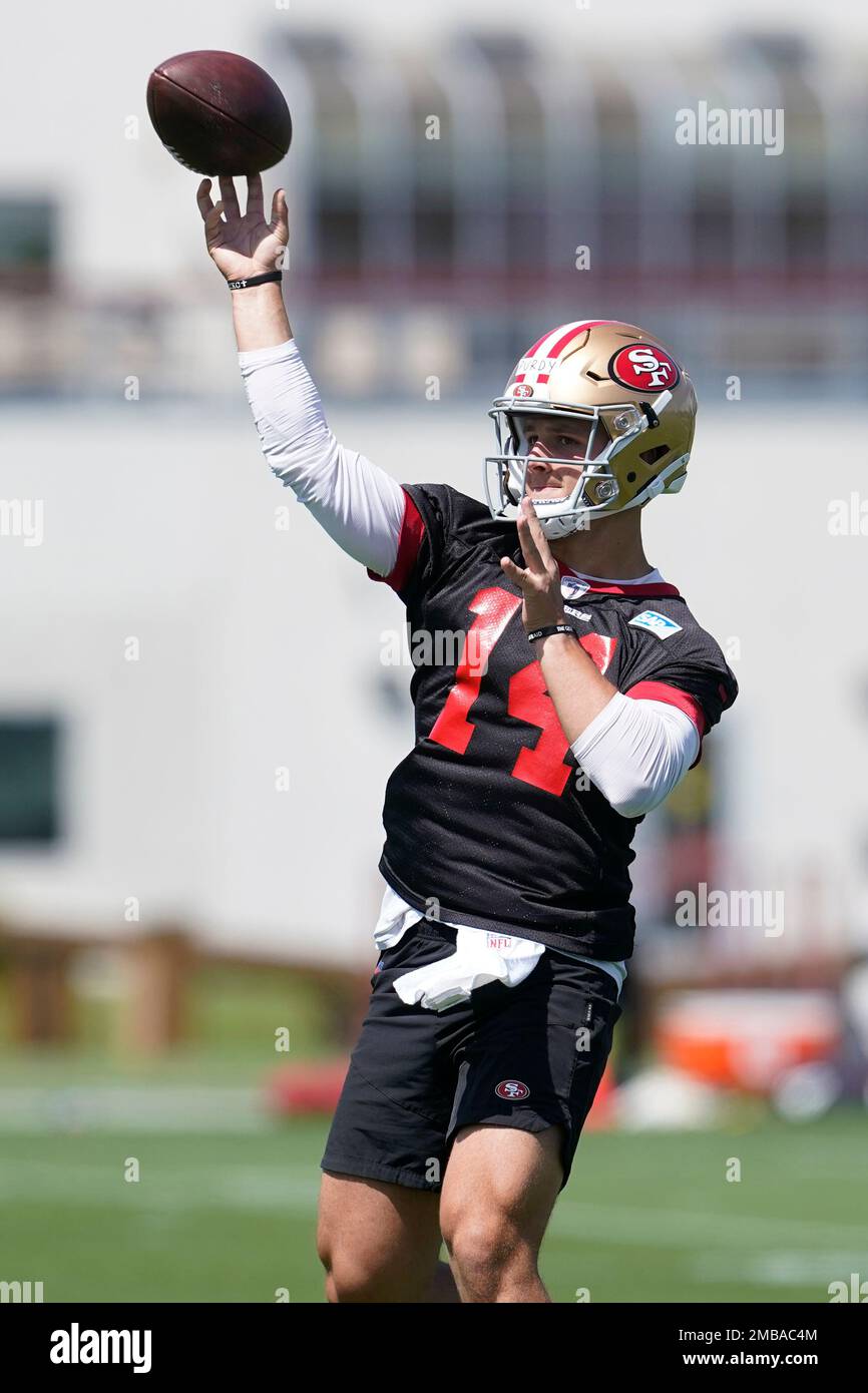 San Francisco 49ers quarterback Brock Purdy takes part in drills at the ...