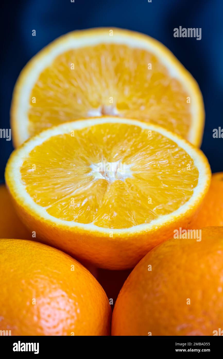 Pile of oranges split in half with a healthy and appetizing food ...