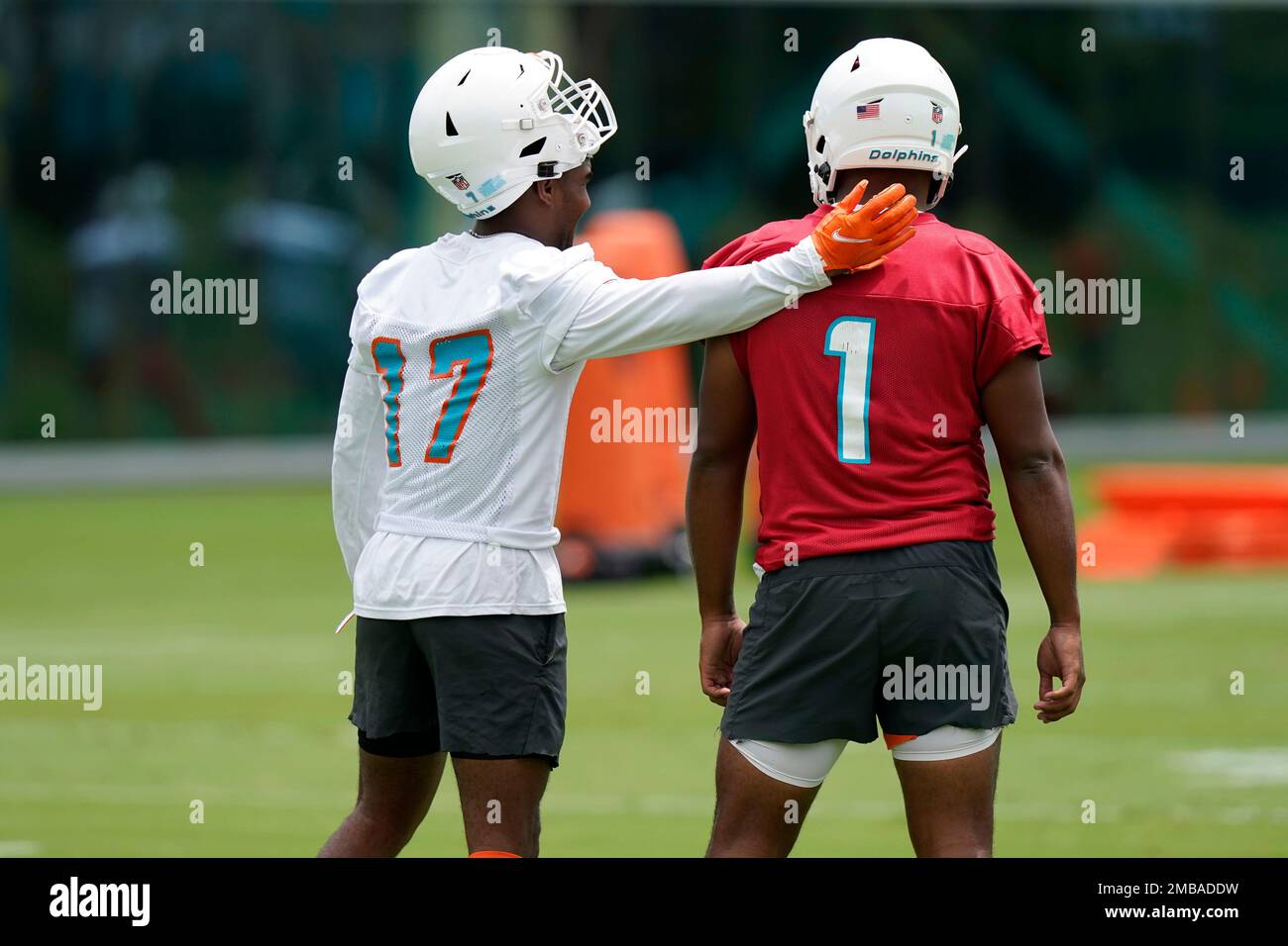 Miami Dolphins wide receiver Jaylen Waddle (17) and quarterback Tua ...