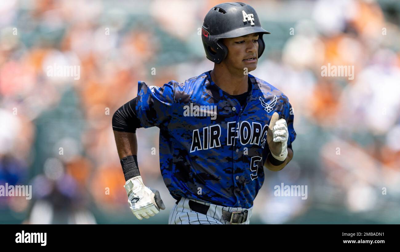 Air Force infielder Sam Kulasingam (5) is out at first against Texas ...