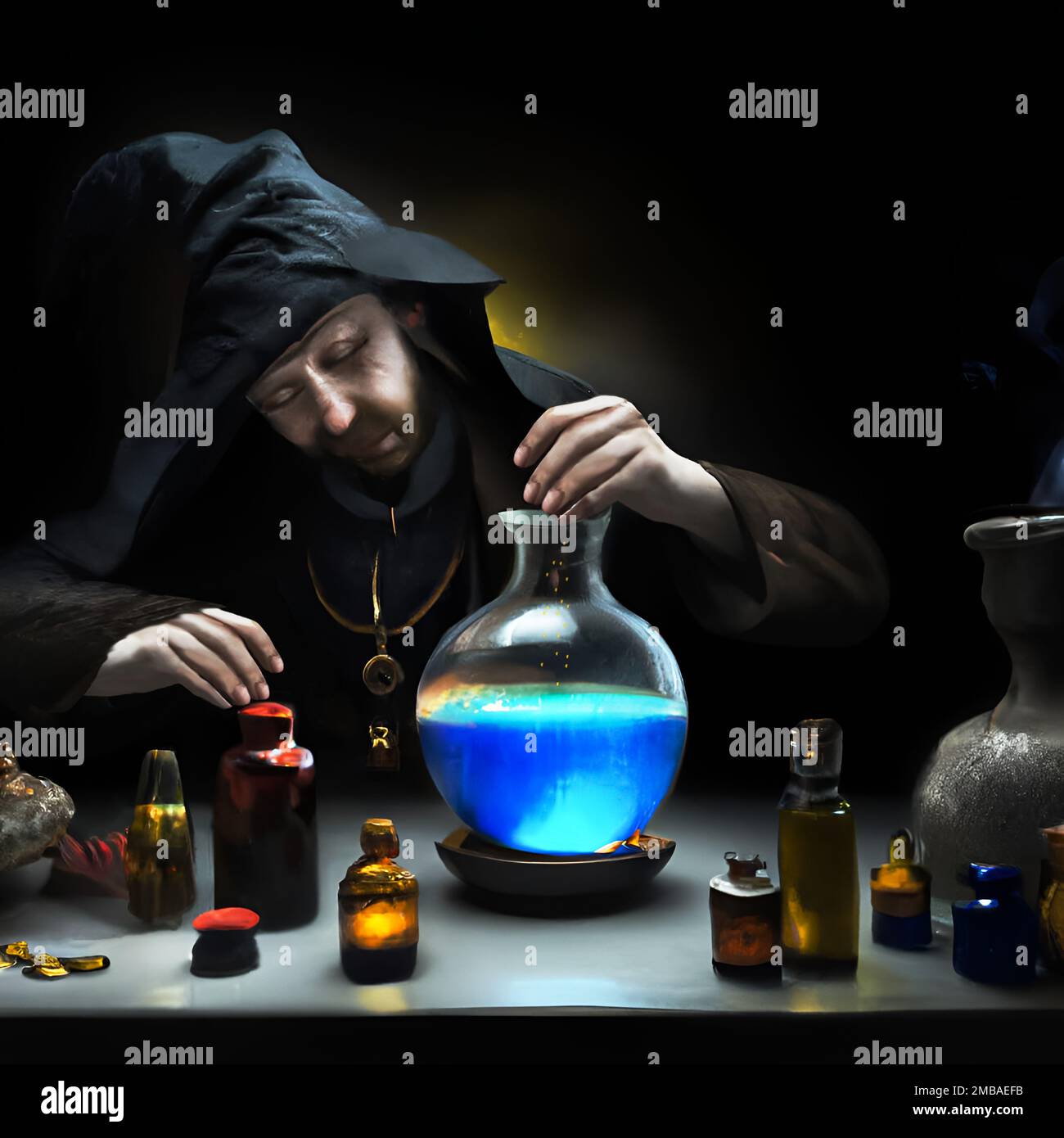 Sorcerer making potions. Edited AI generated image Stock Photo - Alamy