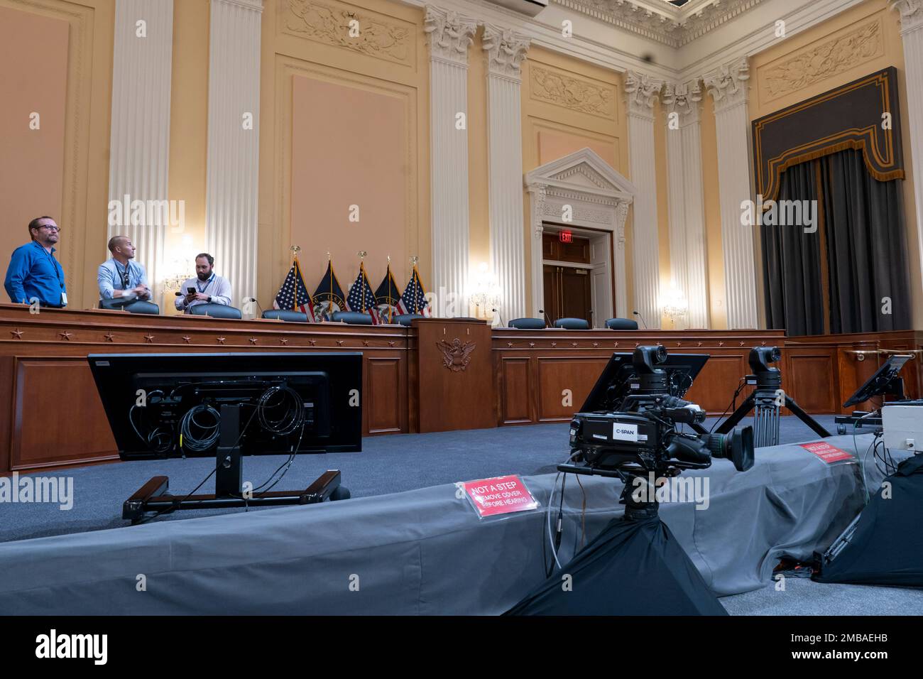 Television crews and technicians prepare the Cannon Caucus Room for ...