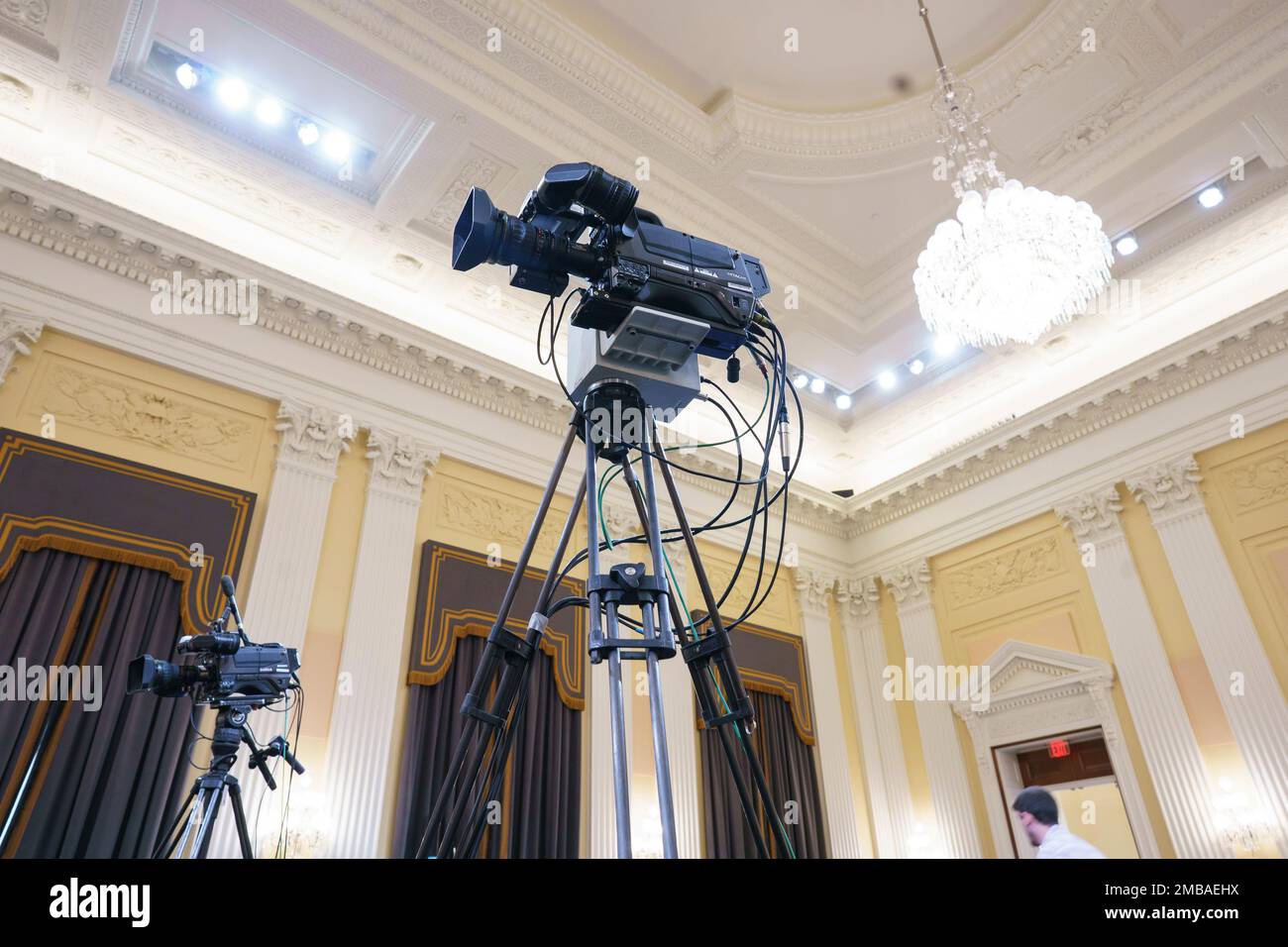 Television crews and technicians prepare the Cannon Caucus Room for ...