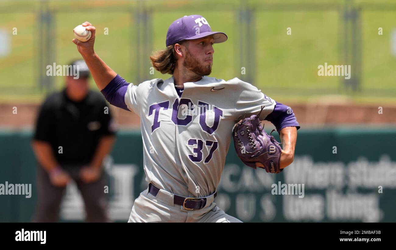 TCU pitcher Caleb Bolden (37) throws a strike against Oral Roberts ...