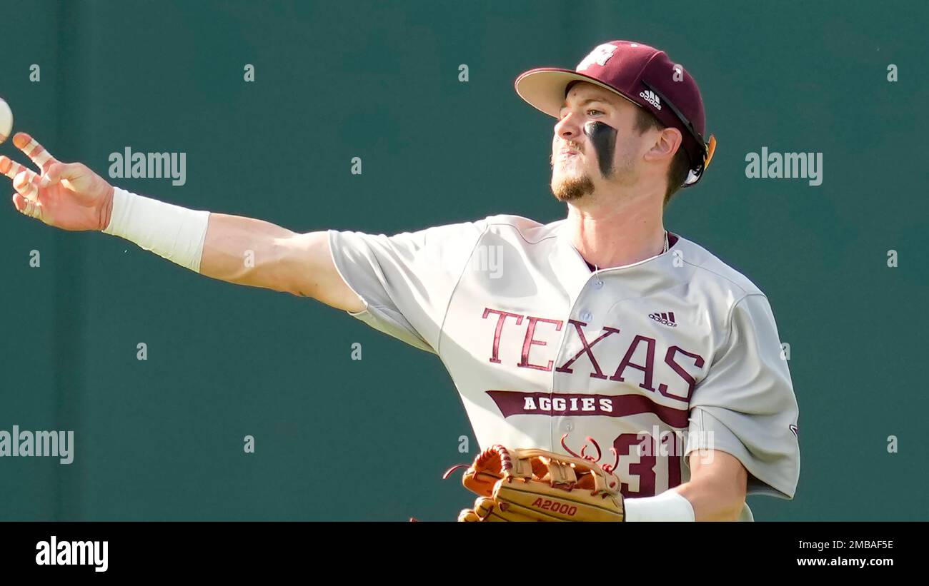 Texas A&M outfielder Jordan Thompson (31) relays a ball back in from ...