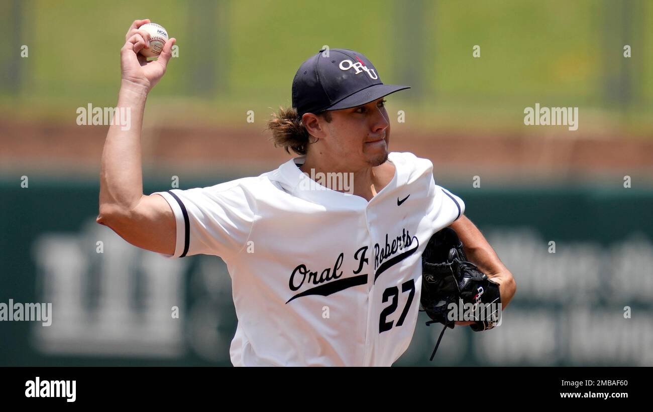 Oral Roberts infielder Isaac Coffey (27) throws to home against TCU ...