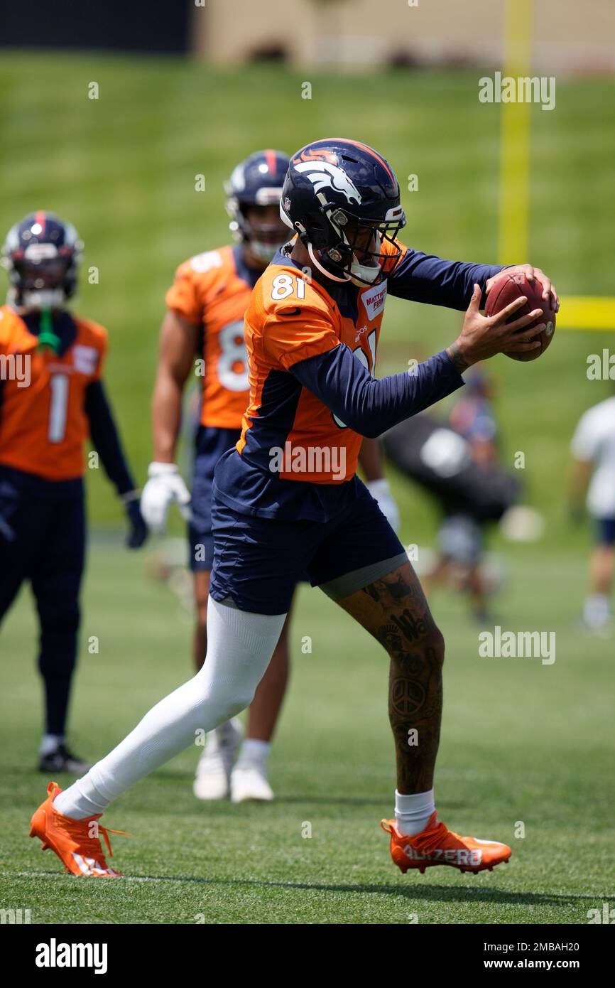 Denver Broncos wide receiver Tim Patrick () takes part in drills at the ...
