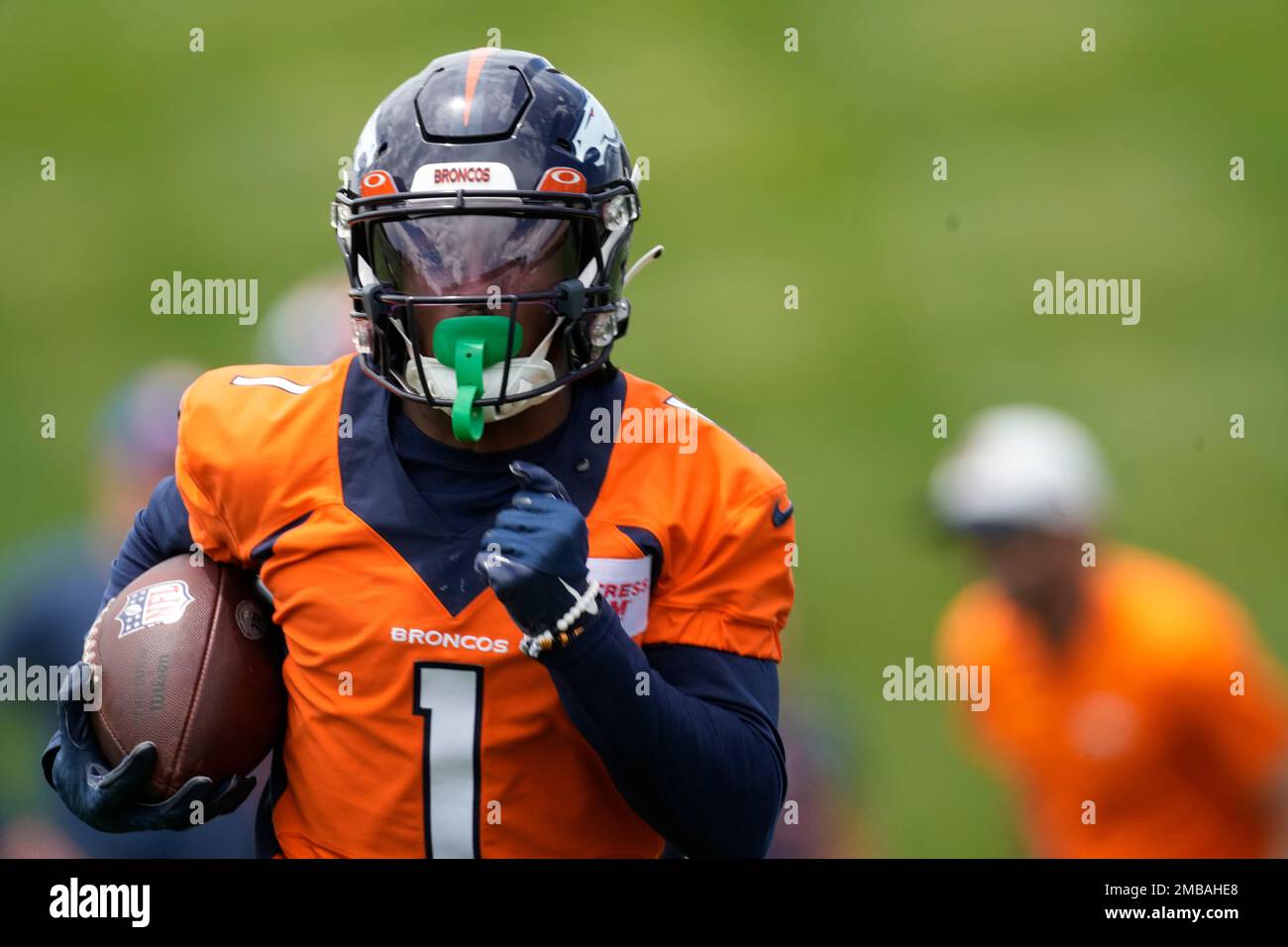 Denver Broncos wide receiver KJ Hamler takes part in drills at the NFL ...