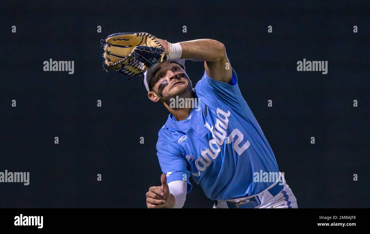 North Carolina's Mikey Madej (2) makes a catch during an NCAA baseball ...