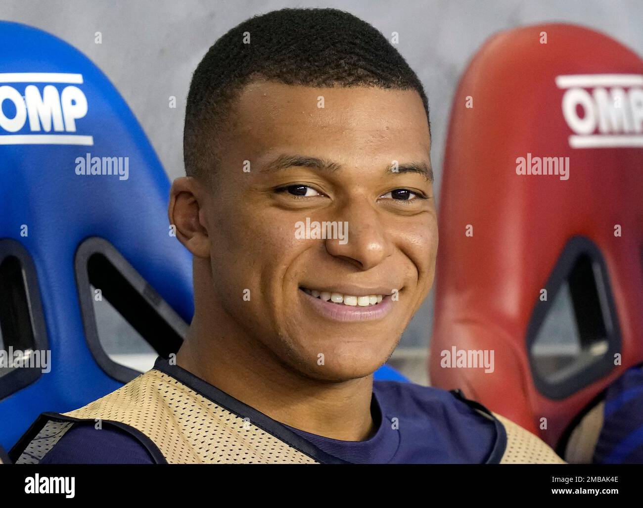 France's Kylian Mbappe looks out from the bench before the UEFA Nations ...