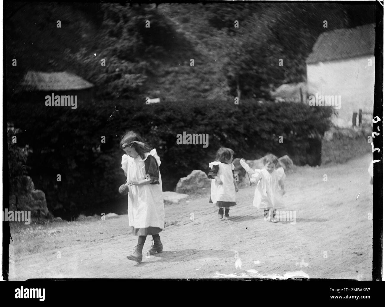 Cheddar, Sedgemoor, Somerset, 1907. Three young girls in pinafore ...